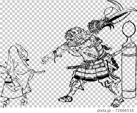 Ushiwakamaru gives Benkei a lot of weapons - Stock Illustration ...