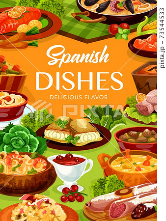 Spanish food cuisine menu, tapas and paella dishのイラスト素材 [73544533] - PIXTA