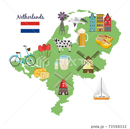 Holland map with symbols of Dutch culture flat...のイラスト素材 [73568332] - PIXTA
