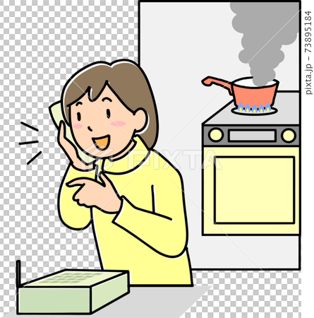 Talk on the phone while cooking and start a fire - Stock Illustration ...