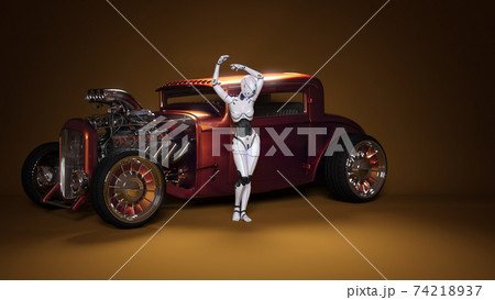 Image robot poses with the retro car. Portrait,...のイラスト素材 [74218937 ...