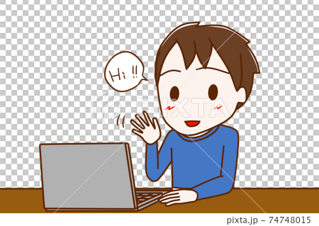 A boy who connects and greets online on a computer - Stock Illustration ...
