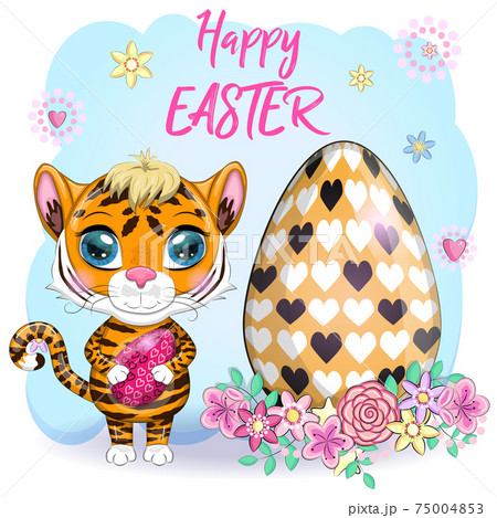 Cartoon tiger with Easter egg as Easter bunny....のイラスト素材 [75004853] - PIXTA