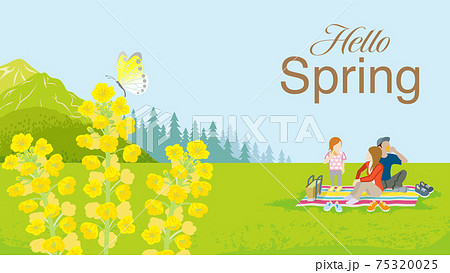 春の風景 ピクニックを楽しむ家族 文字付き"Hello Spring"のイラスト素材 [75320025] - PIXTA