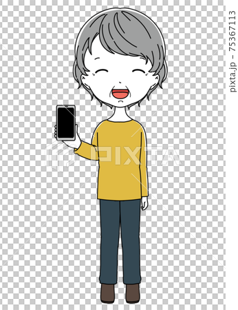 A smiling grandma showing the screen with her... - Stock Illustration ...