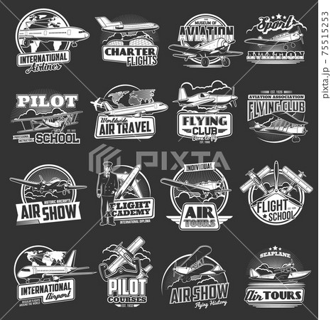 Retro Aviation Logo Monochrome Mega Set Of Retro Airplanes, Emblems,