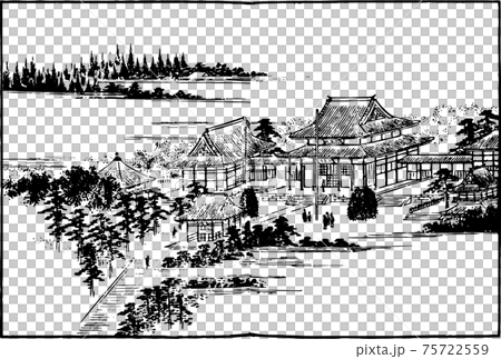 Edo landscape painting: a magnificent temple - Stock Illustration ...