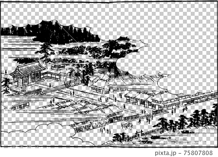 Edo landscape painting: a magnificent temple - Stock Illustration ...