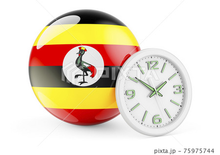 Ugandan flag with clock. Time in Uganda, 3D...のイラスト素材 [75975744] - PIXTA