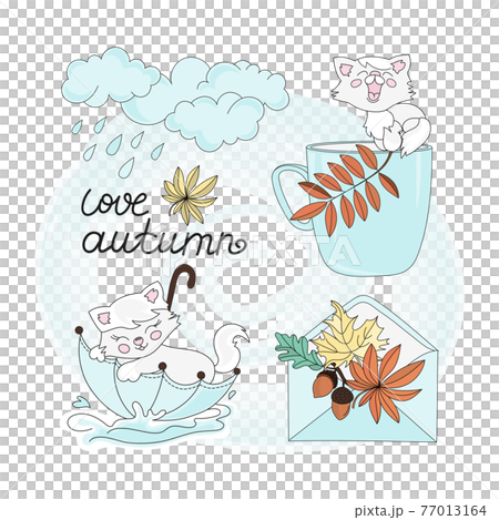 RAIN AND CAT White Kitten Sit In Umbrella And... - Stock Illustration ...