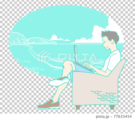 Worcation-Illustration of a man working at the... - Stock Illustration ...