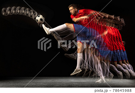 Non stop moving. Young caucasian football...の写真素材 [78645988] - PIXTA