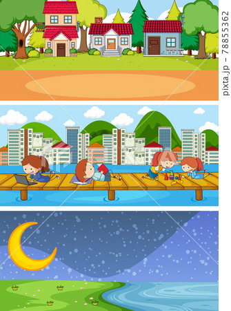 Set of different horizon scenes background with...のイラスト素材 [78855362 ...