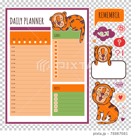 DAILY PLANNER WITH TIGER Stickers Printable... - Stock Illustration ...
