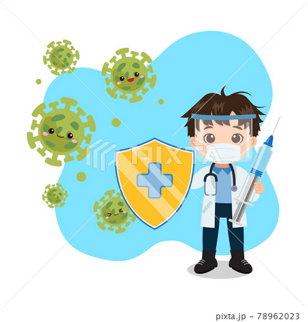 Cute male doctor fight corona virus with shield...のイラスト素材 [78962023 ...