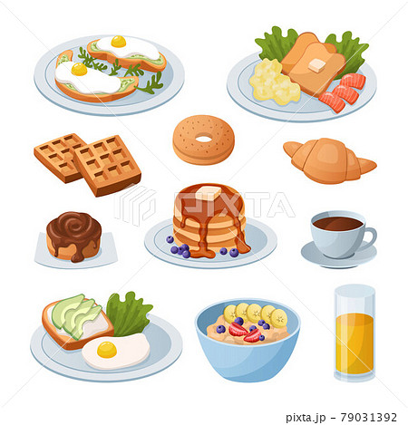 Morning food. Cartoon breakfast meals. Glass of...のイラスト素材 [79031392 ...
