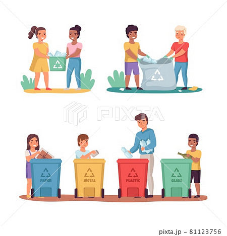 People sort garbage. Clean up trash outdoor,...のイラスト素材 [81123756] - PIXTA