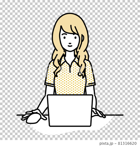 A woman in a polo shirt sitting at a desk and... - Stock Illustration ...