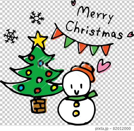 雪人和聖誕樹的可愛插畫（手繪）-插圖素材 [82012000] - PIXTA圖庫