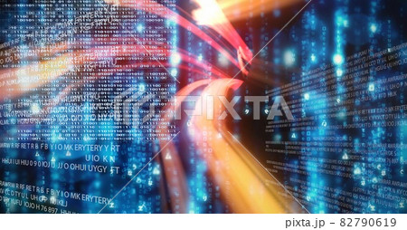 Neon orange light trails over computer code,...のイラスト素材 [82790619] - PIXTA