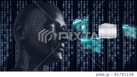 Composition of human digital head over binary...のイラスト素材 [82791138] - PIXTA