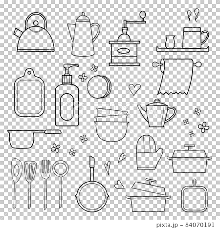 Kitchen utensils line drawing monochrome set - Stock Illustration ...