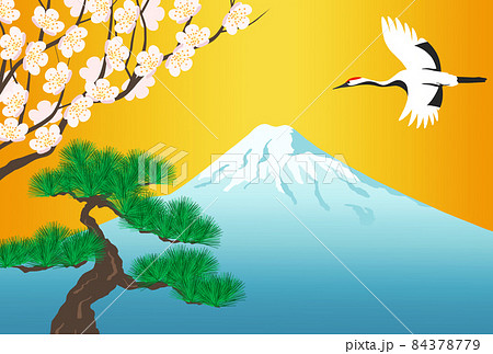 富士山と梅と松と鶴。のイラスト素材 [84378779] - PIXTA