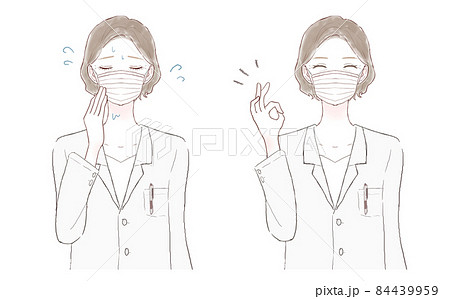 マスク着用による蒸れに悩む中年の女性医師のビフォーアフターのイラスト素材 [84439959] - PIXTA