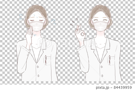 マスク着用による蒸れに悩む中年の女性医師のビフォーアフターのイラスト素材 [84439959] - PIXTA