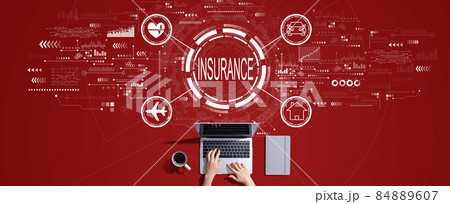 Insurance concept with person working with laptopの写真素材 [84889607] - PIXTA