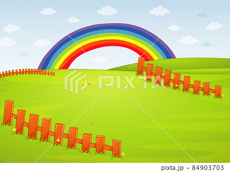 Blank meadow with wooden fences and rainbowのイラスト素材 [84903703] - PIXTA