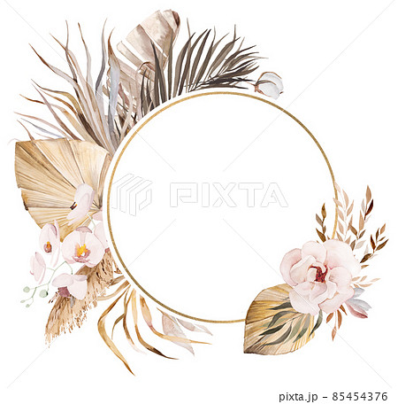 Watercolor Bohemian round golden frame with...のイラスト素材 [85454376] - PIXTA