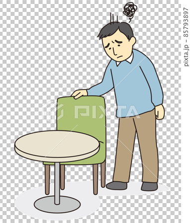 A man trying to sit in a chair in a reluctant... - Stock Illustration ...