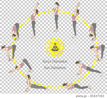 A collection of sun worship poses, a woman... - Stock Illustration ...