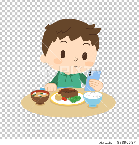 A boy looking at a smartphone while eating - Stock Illustration ...