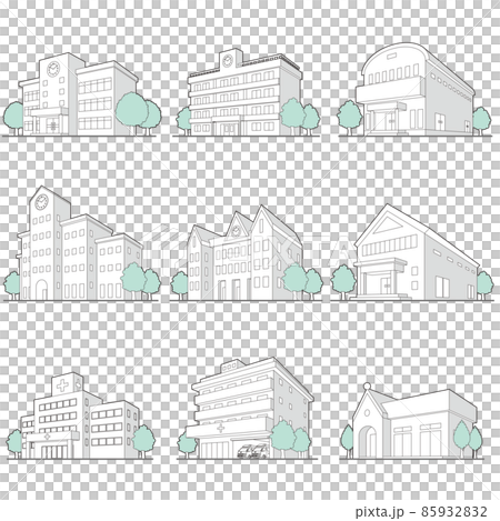 Vector illustrations of various buildings. Line... - Stock Illustration ...