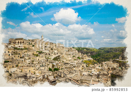 Watercolor drawing of Matera panoramic view of...のイラスト素材 [85992853] - PIXTA
