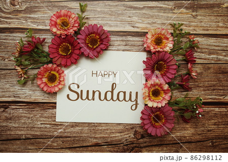 Happy Sunday typography text with flowers on. 86298112 PIXTA