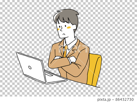 A man thinking in front of a laptop computer, a... - Stock Illustration ...