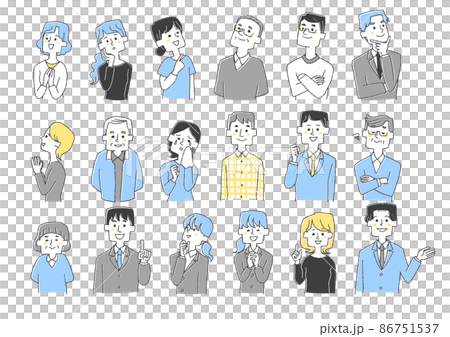 さまざまな年齢の人物のアイコンセット コミカルな手書きの人物イラスト ベクター線画のイラスト素材 [86751537] - PIXTA