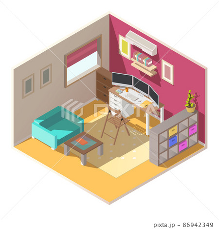 Small home office isometric vector interiorのイラスト素材 [86942349] - PIXTA
