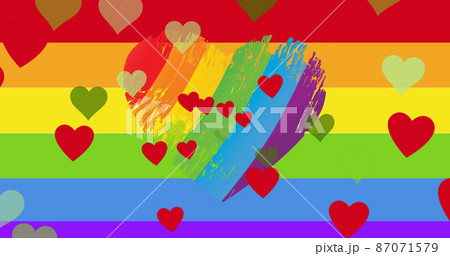 Image of hearts floating on rainbow backgroundのイラスト素材 [87071579] - PIXTA