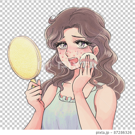 Gekiga-style sister trying to hide acne with... - Stock Illustration ...