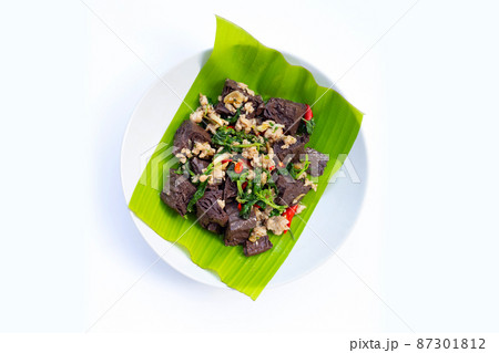 Stir-fried chicken blood cubes and minced pork...の写真素材 [87301812] - PIXTA