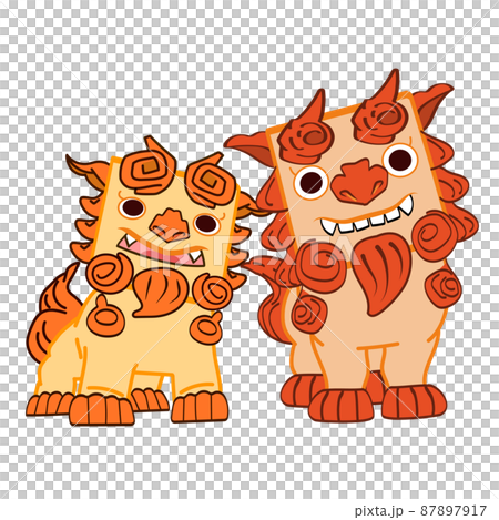 Cute Shisa parents and children are smiling and... - Stock Illustration ...