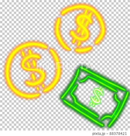 Coin and bank note money icon illuminate neon... - Stock Illustration ...