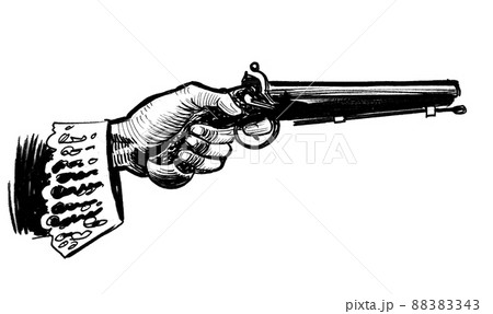 Hand with vintage duel gun. Ink black and white...のイラスト素材 [88383343 ...