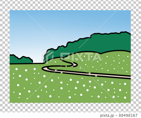 Spring hills and trees with white flowers - Stock Illustration ...