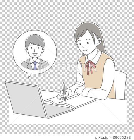 Female students taking remote lessons on a... - Stock Illustration ...