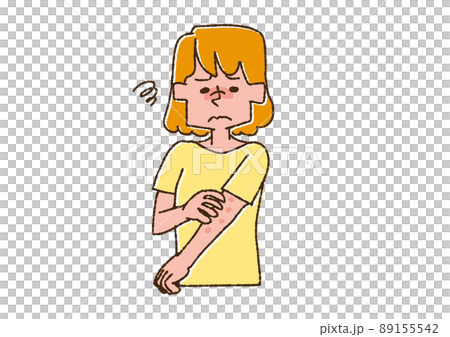 Itchy woman with something on her arm Comical... - Stock Illustration ...